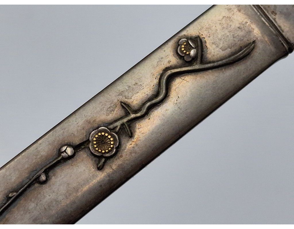 KOZUKA ARGENT BRANCHE FLEURS CERISIER MANCHE COUTEAU SABRE JAPONAIS...